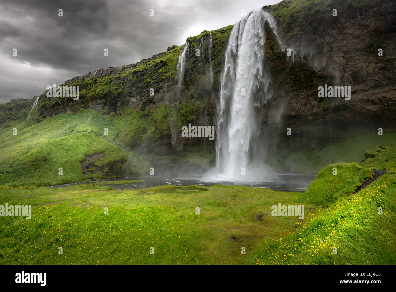 Beautiful Seljalandsfoss waterfalls in a rainy day, Iceland Stock Photo ...