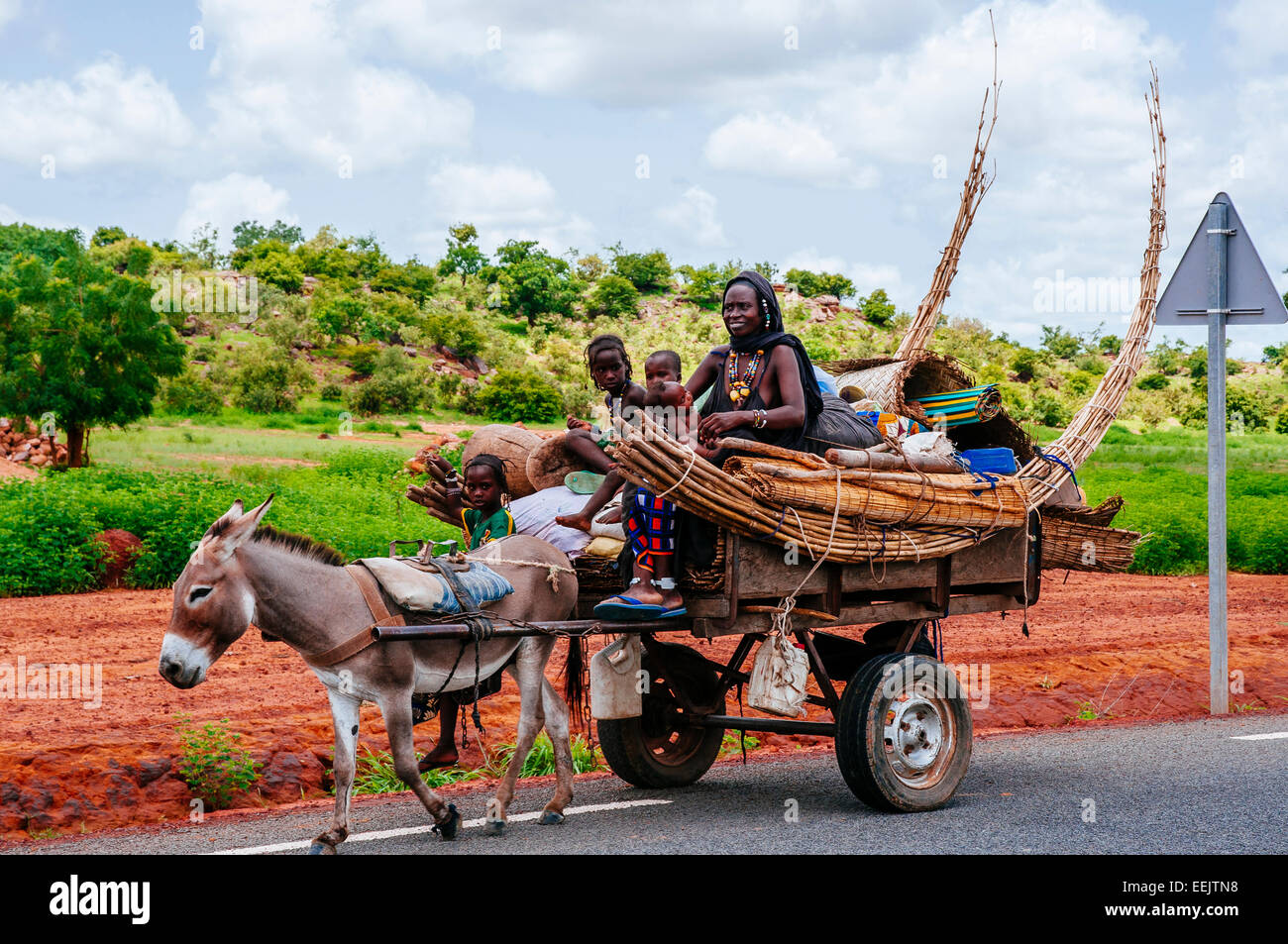 Portrait of nomadic Fulani family travelling on donkey cart , Mali ...