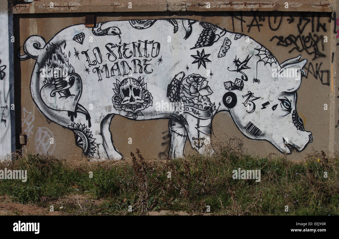 Urban graffiti of large white pig on wall near Badalona, Barcelona ...