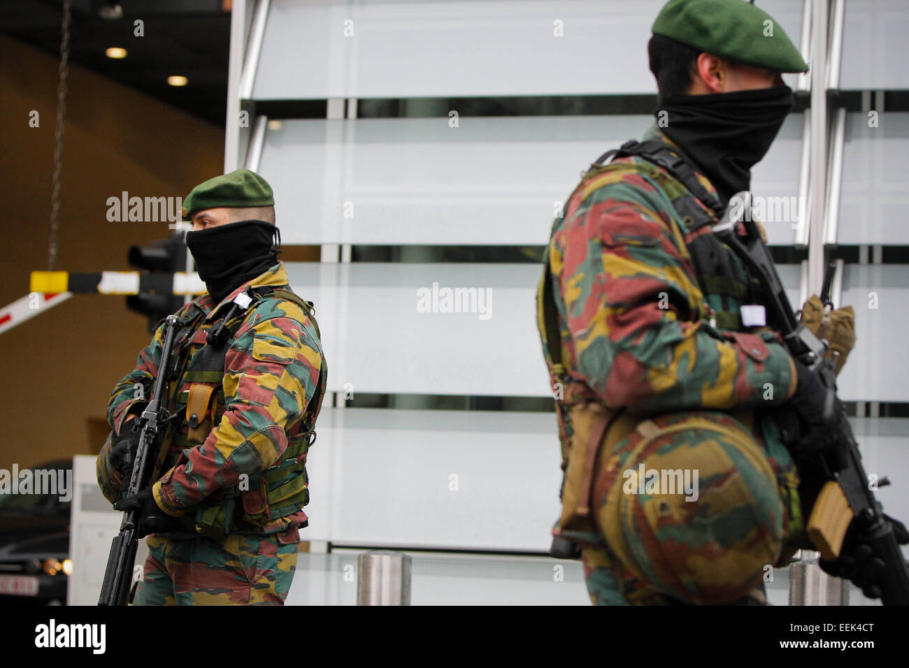 Brussels, Belgium. 19th Jan, 2015. Belgian soldiers patrol outside the ...