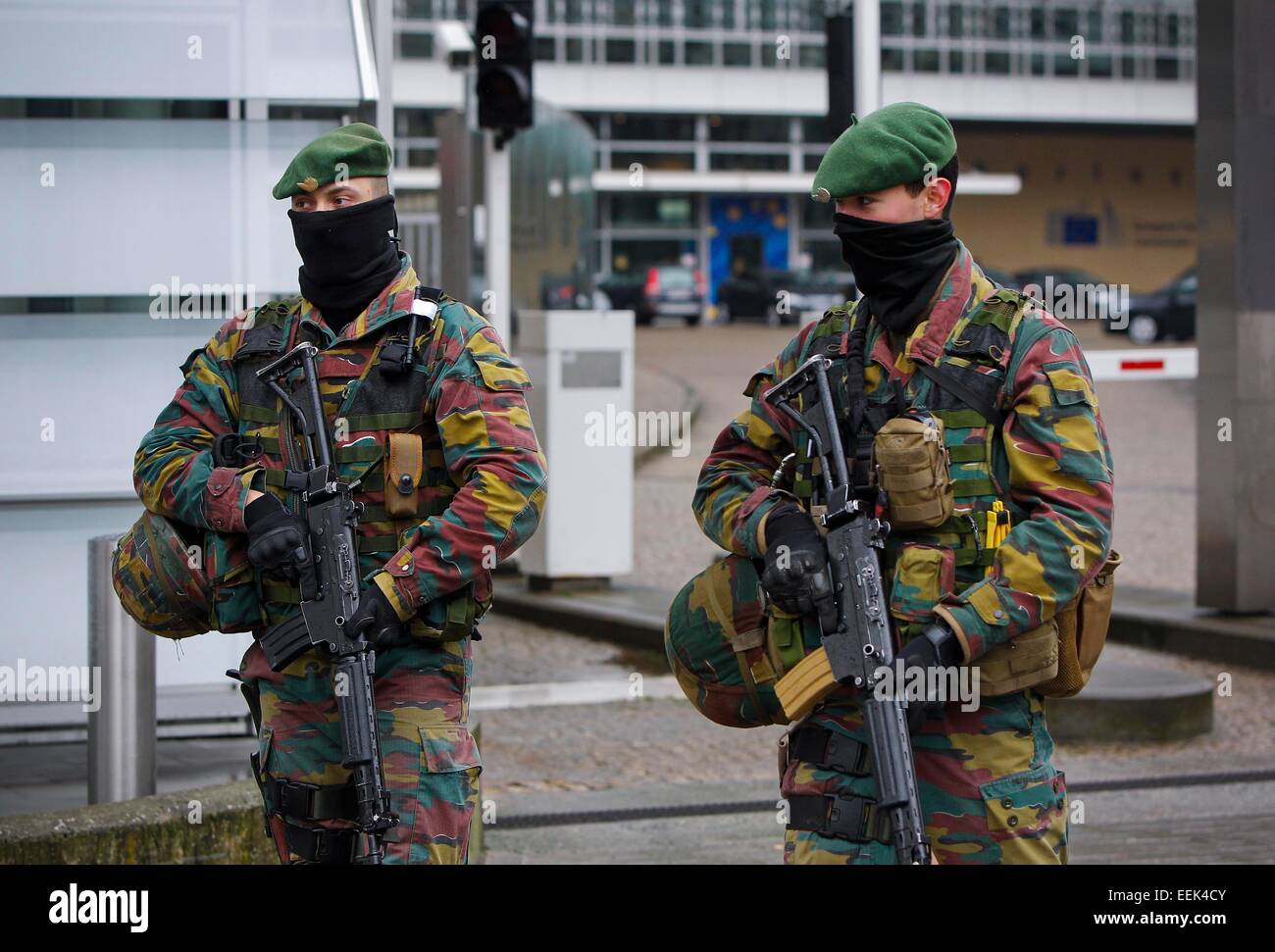 Brussels, Belgium. 19th Jan, 2015. Belgian soldiers patrol outside the ...