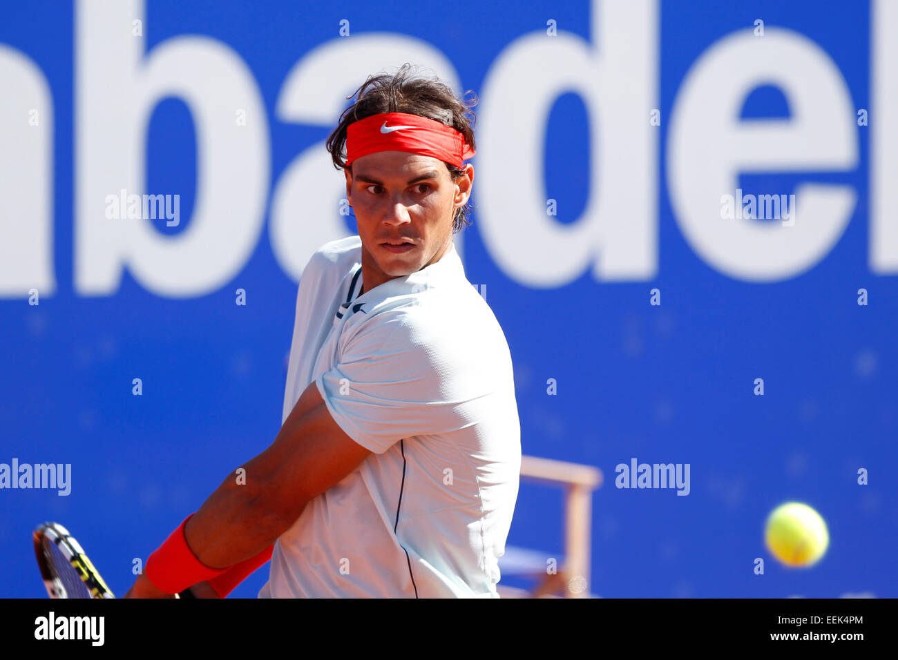 Spanish tennis player Rafael Nadal playing at the Banc Sabadell ATP ...