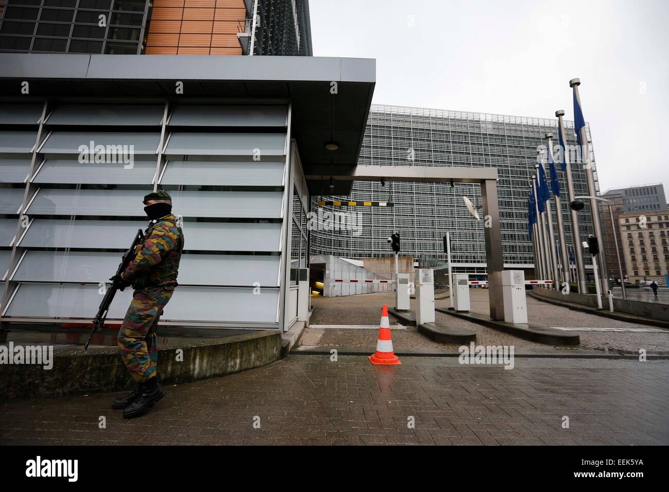 Brussels, Belgium. 19th Jan, 2015. A Belgian soldier patrols outside ...