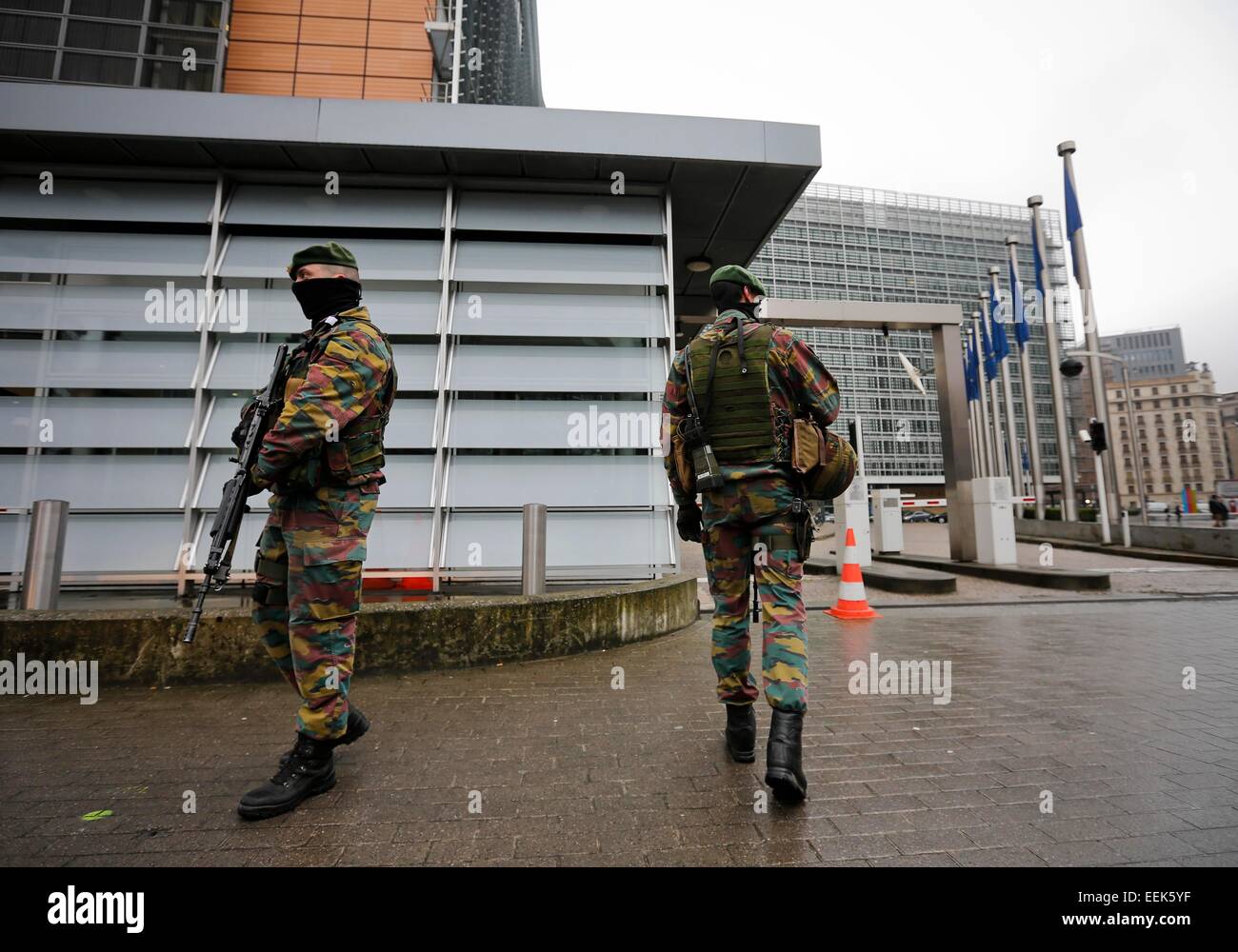 Brussels, Belgium. 19th Jan, 2015. Belgian soldiers patrol outside the ...