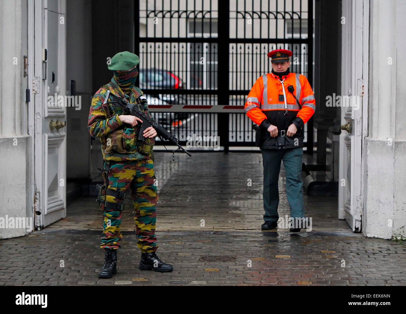 Brussels, Belgium. 19th Jan, 2015. A Belgian soldier patrols the ...