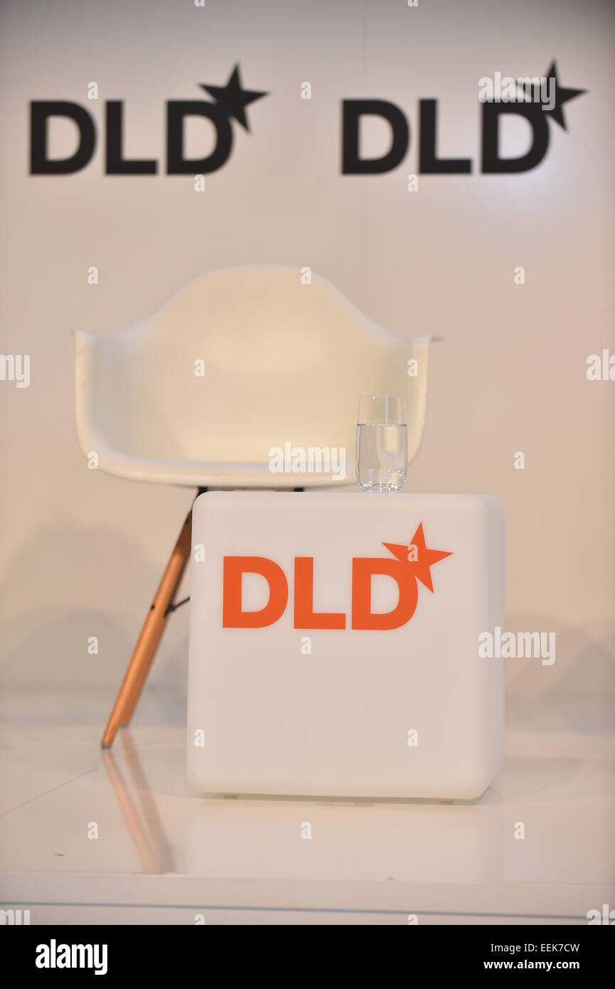 MUNICH/GERMANY - JANUARY 19: A chair with DLD-Logos on the podium ...