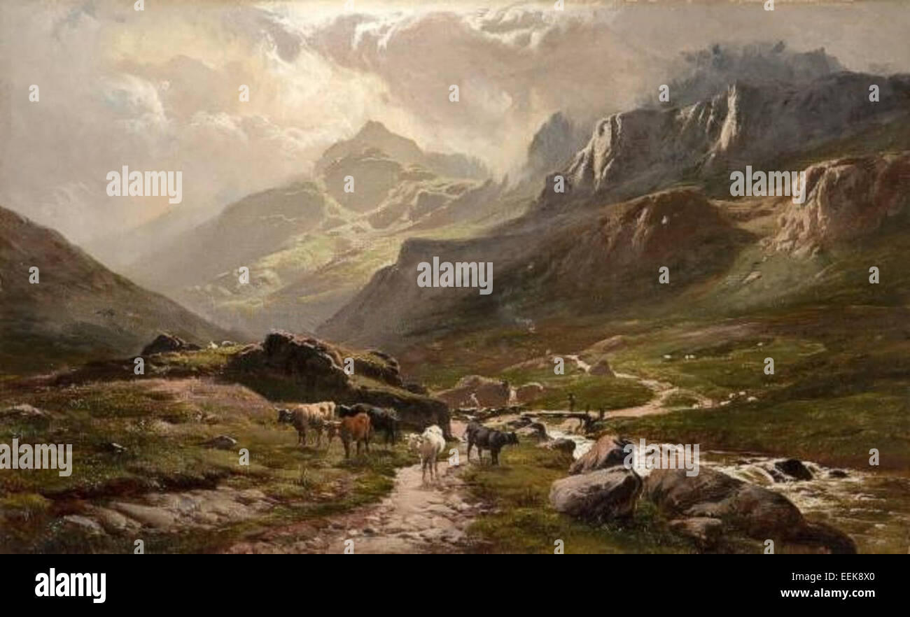 A painting by Sidney Richard Percy, depicting a serene landscape with a ...