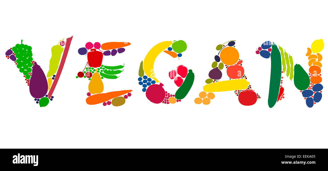 VEGAN written with colorful fruits and vegetables Stock Photo - Alamy