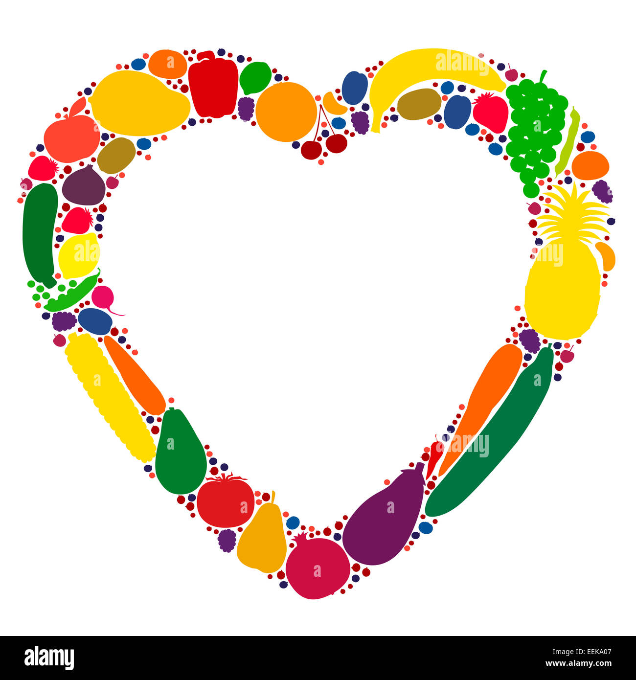 Fruits, vegetables and berries that form a colorful heart shaped frame ...