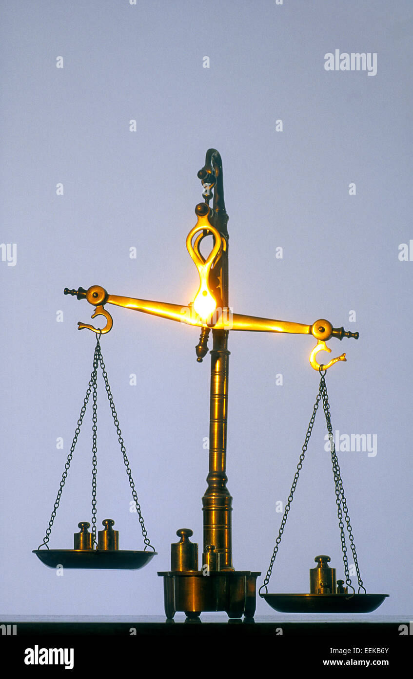 Classic and antique copper scale with weights against a clear ...