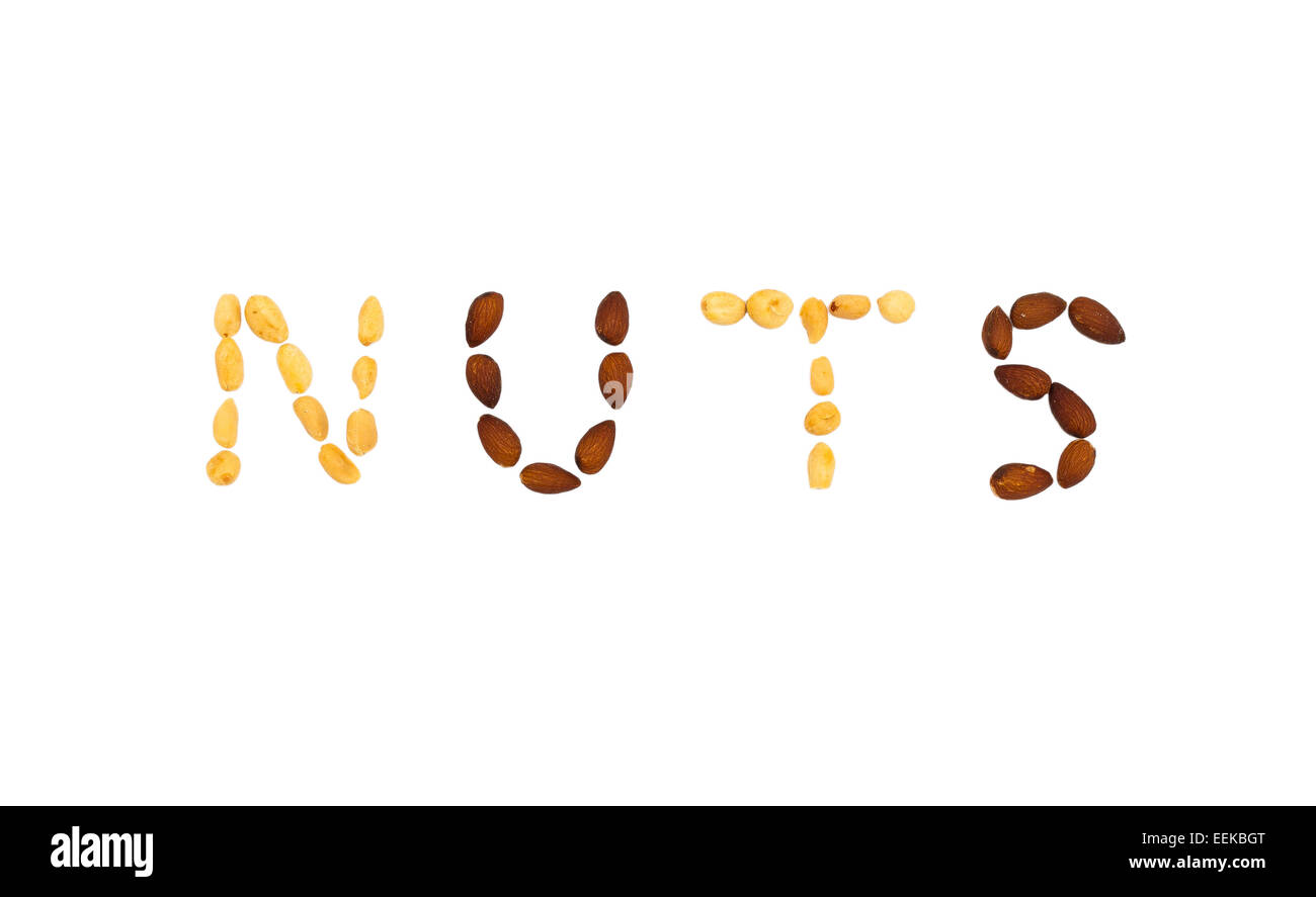 The word 'Nuts' written with mixed nuts on an isolated white background ...