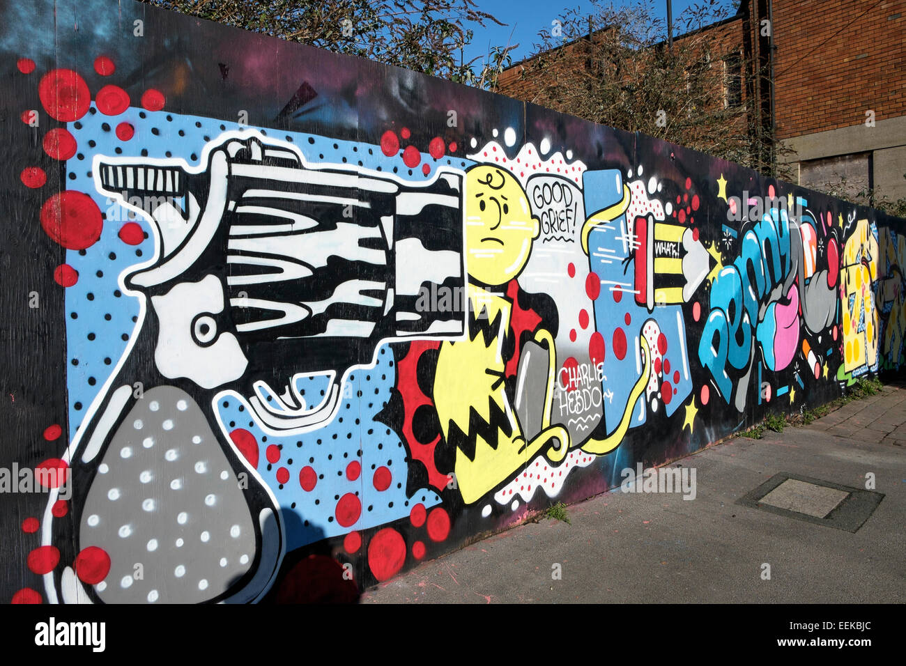 Bristol, UK. 19th January, 2015. Charlie Hebdo graffiti appears on a ...