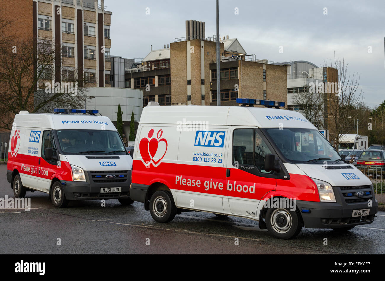 NHS 'Give Blood' vans at Addenbrooke's Hospital, Cambridge, UK Stock ...