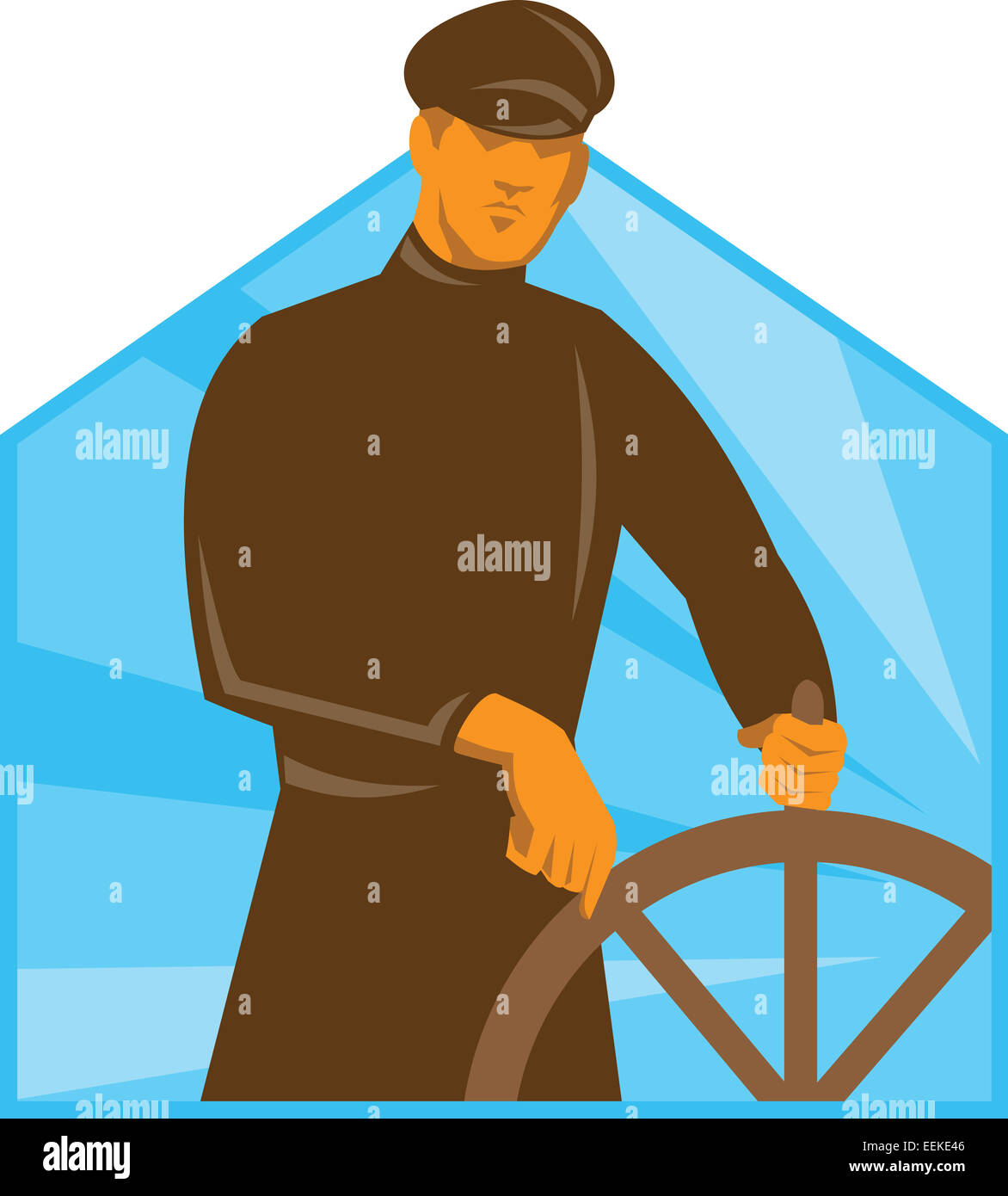 Illustration of a ship captain helmsman at the steering wheel viewed ...