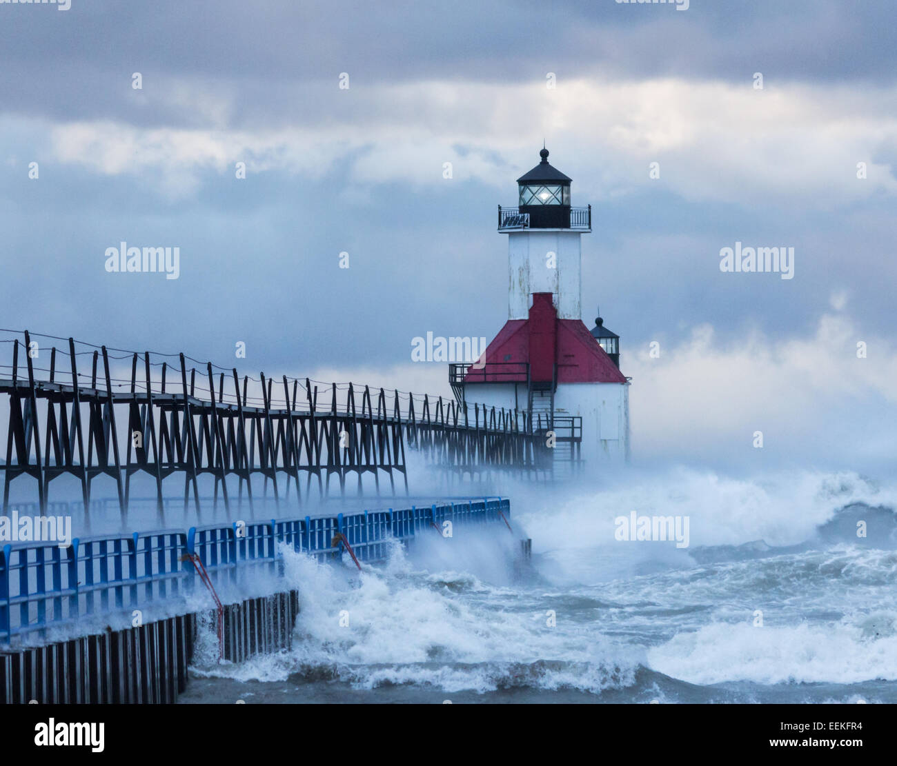 St. Joseph North Pier Lighthouse in a storm Stock Photo - Alamy