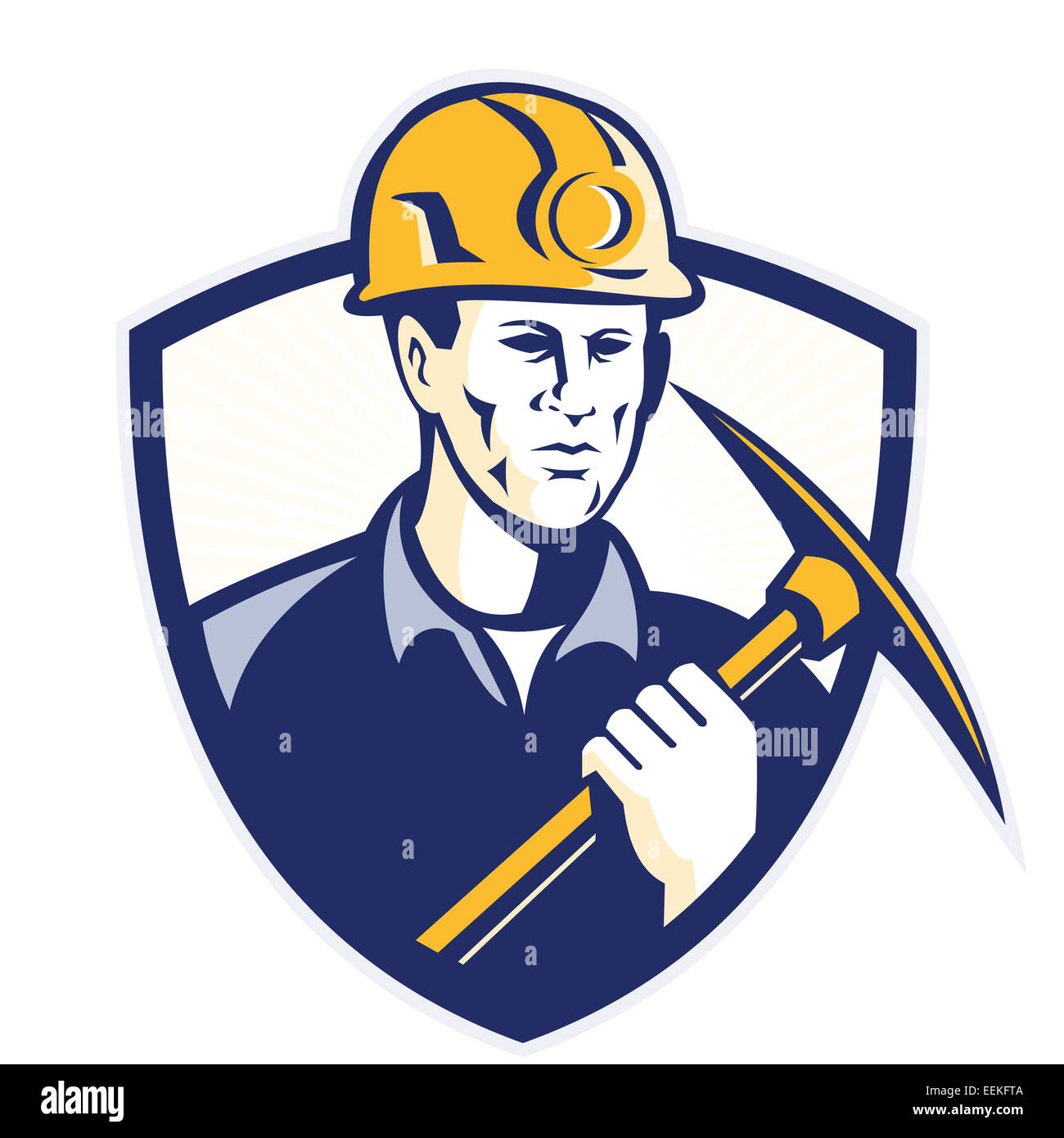 Illustration of a coal miner holding a pick ax facing front set inside ...