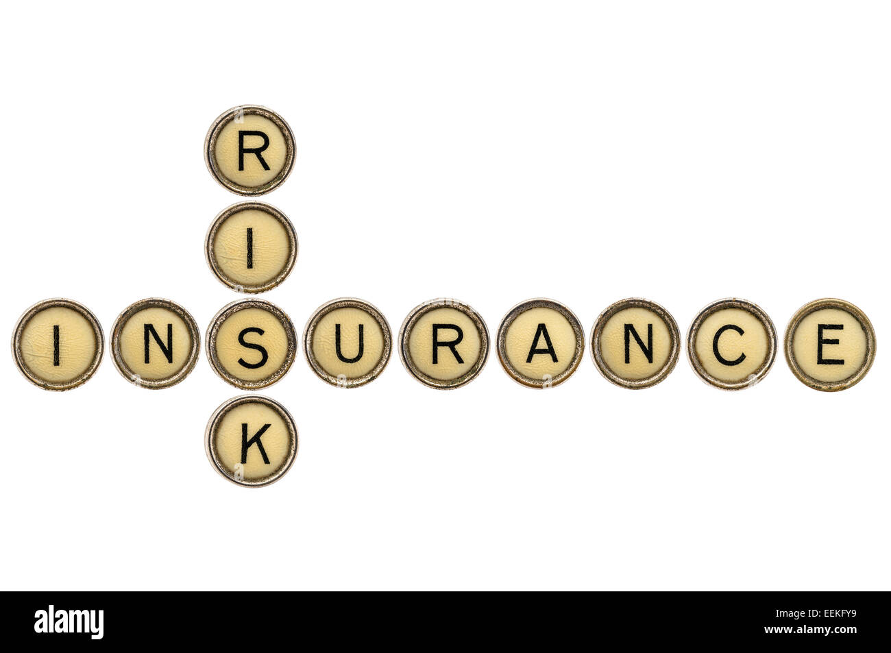 risk and insurance crossword in old round typewriter keys isolated on ...