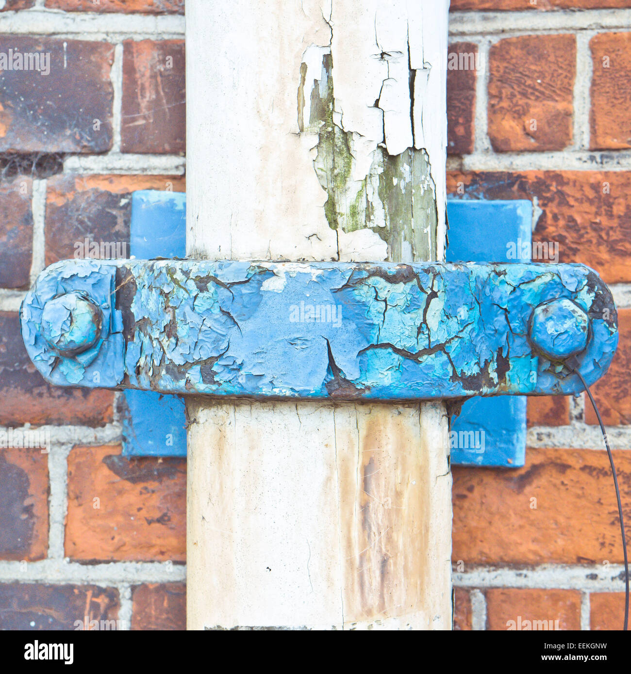 Close up of a blue rusty clip on a white drainpipe Stock Photo - Alamy