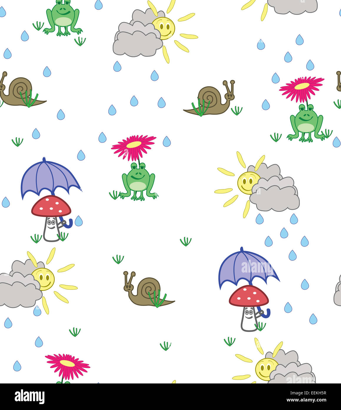 Cute cartoon style background of frogs, snails and mushrooms in ...