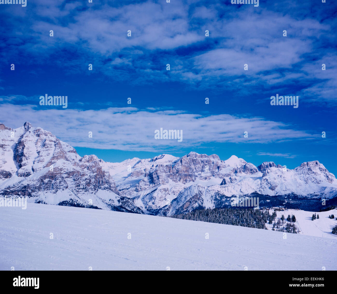 Massive limestone cliffs Alpe di Fanes from Corvara, Dolomites, Alta ...