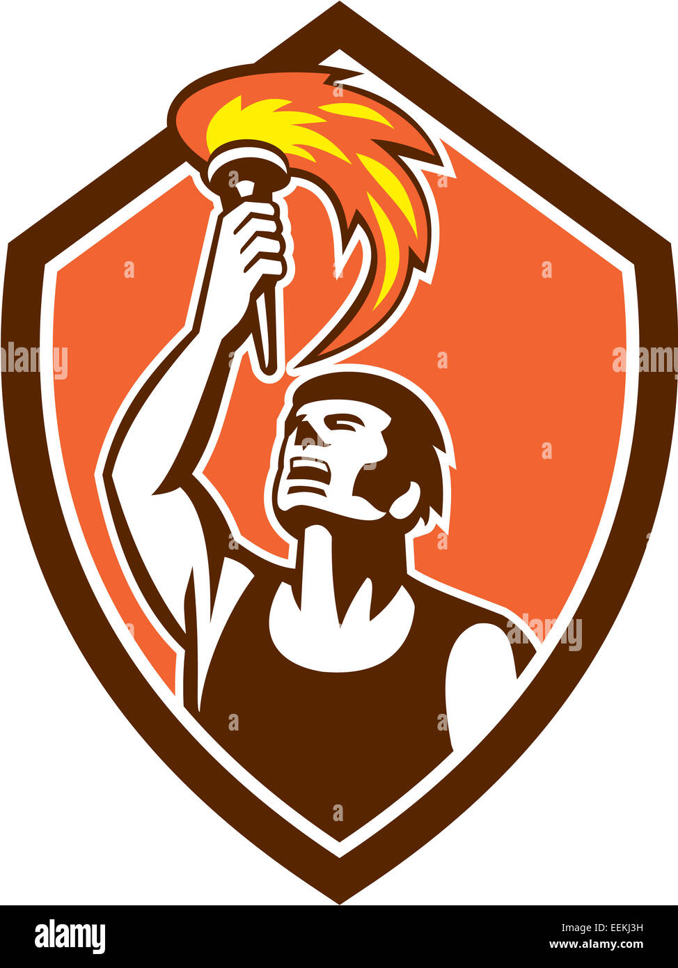Illustration of an athlete player looking up raising torch set inside ...