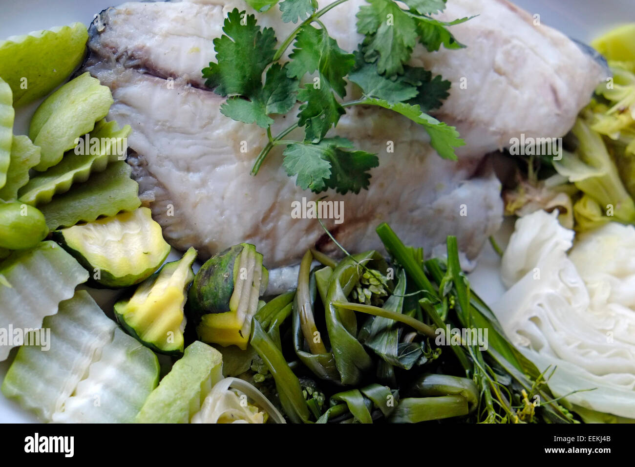 Tilapia fish fillet, cut into wide stripes with mixed herbs. Northern ...