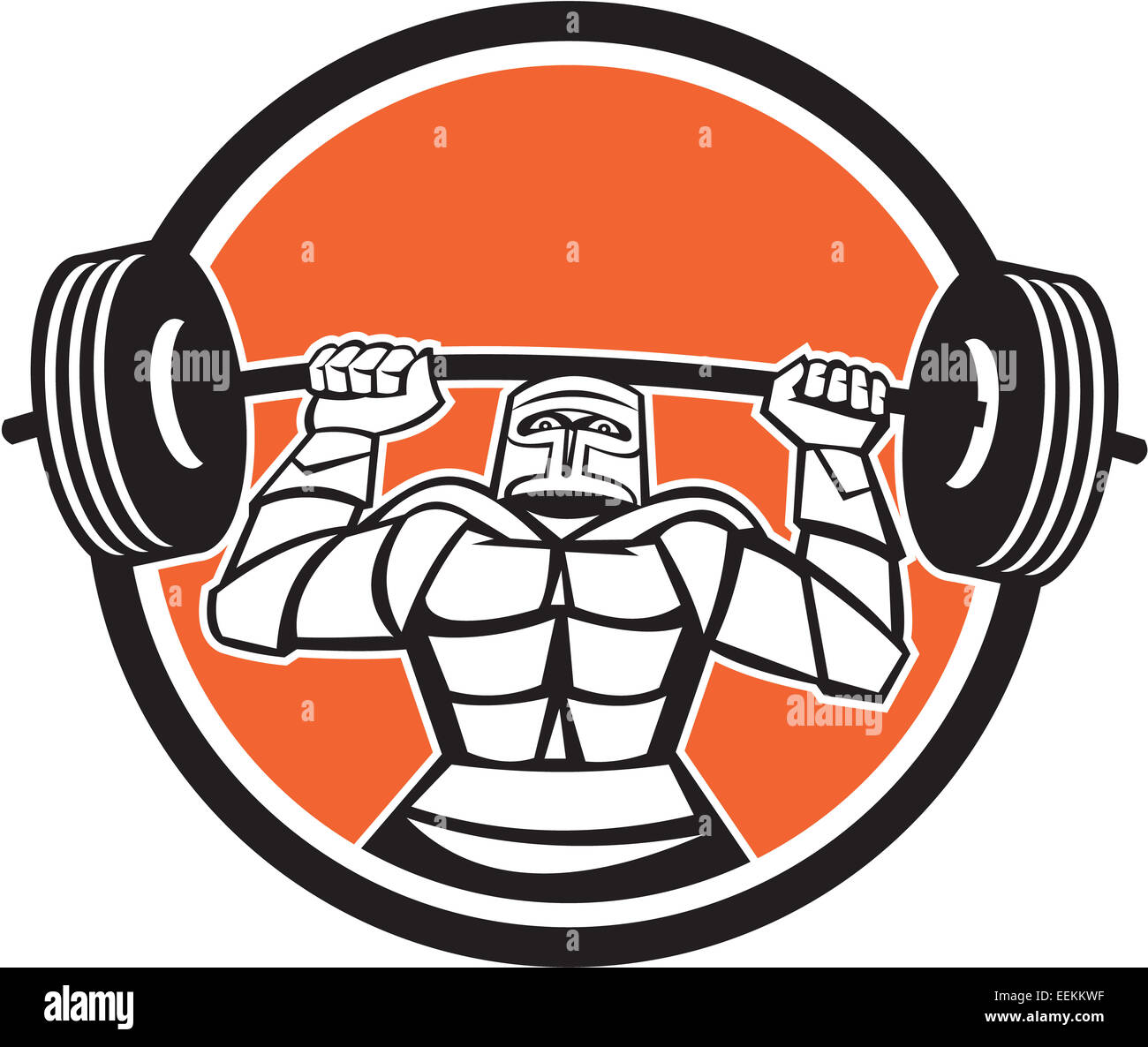 Illustration of knight in full armor lifting barbell weights set inside ...