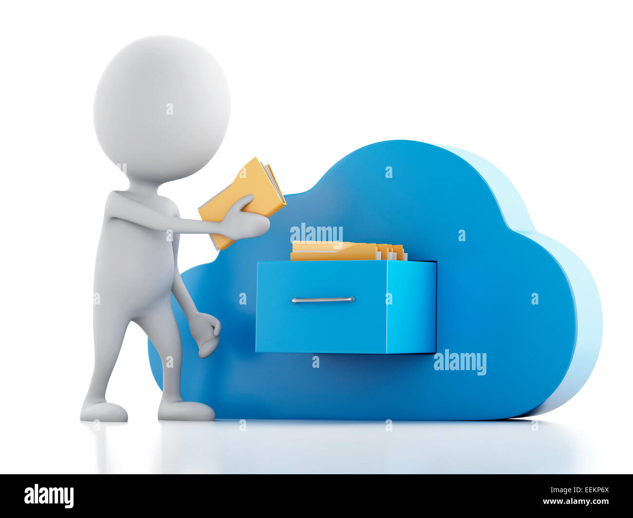 3d renderer illustration. White people with folders and cloud. Cloud ...