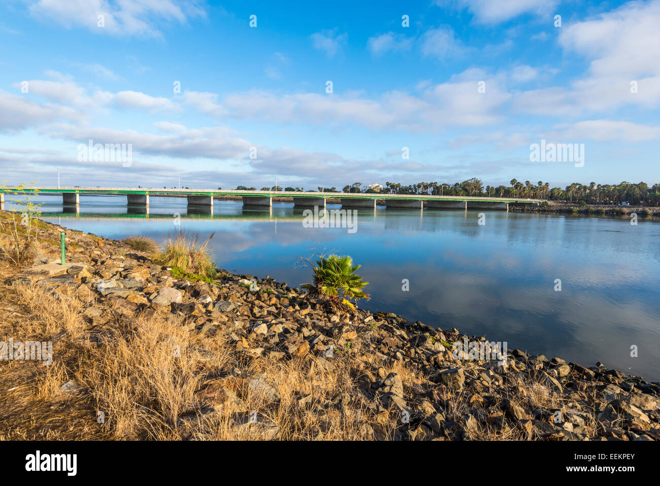 View of the San Diego River and Sunset Cliffs Blvd Bridge on a summer ...