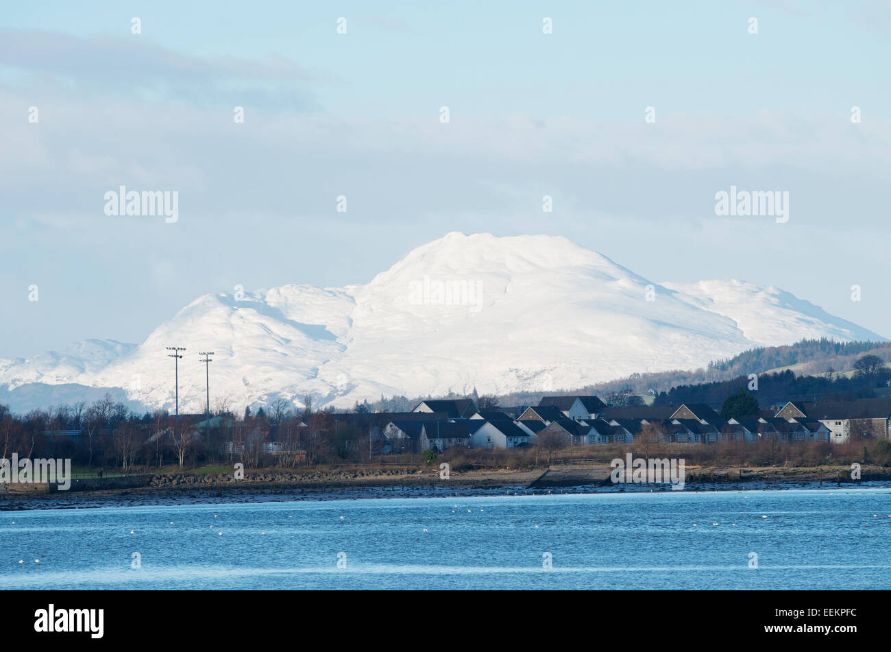 Residential district in Dumbarton on the River Clyde Estuary with the ...