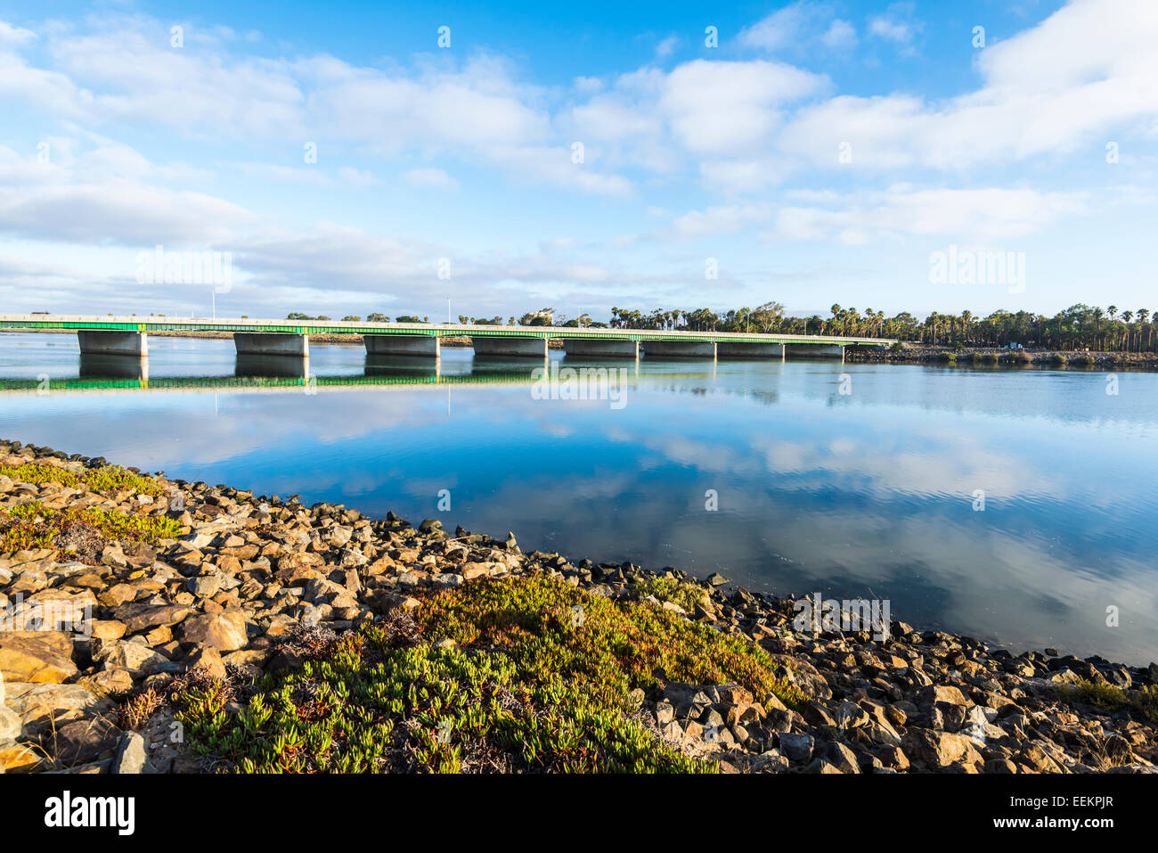 San Diego River and the Sunset Cliffs Blvd Bridge on a summer morning ...