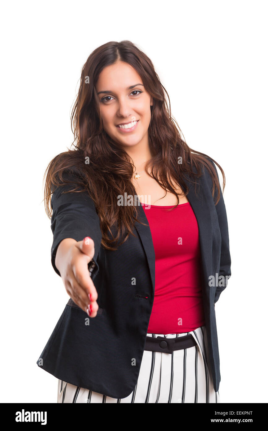 A beautiful business woman offering handshake, isolated over white ...