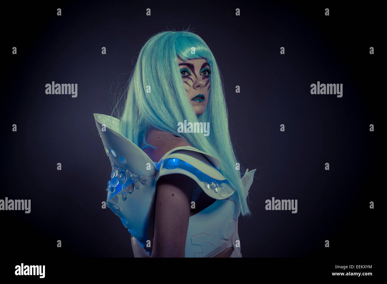 Cyber Droid woman, future robot with white armor dress Stock Photo - Alamy