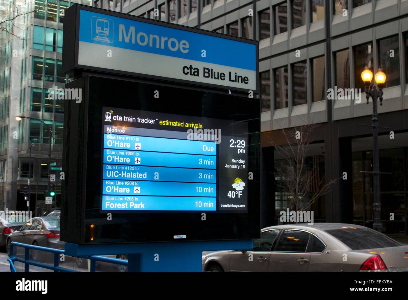 CTA Blue Line Subway entrance with electronic schedule board Stock ...