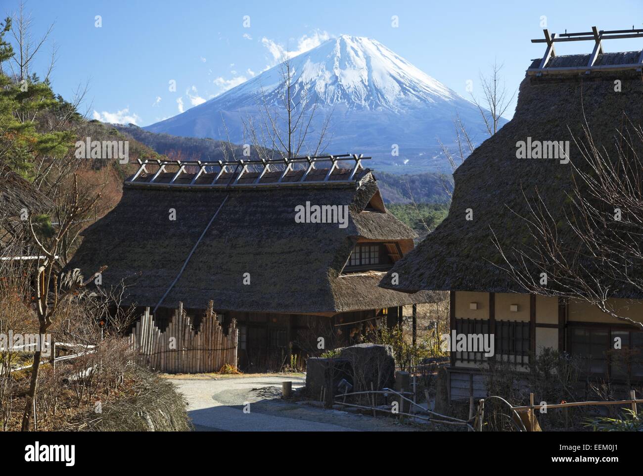 thatched farmhouses with Mt. Fuji Stock Photo - Alamy