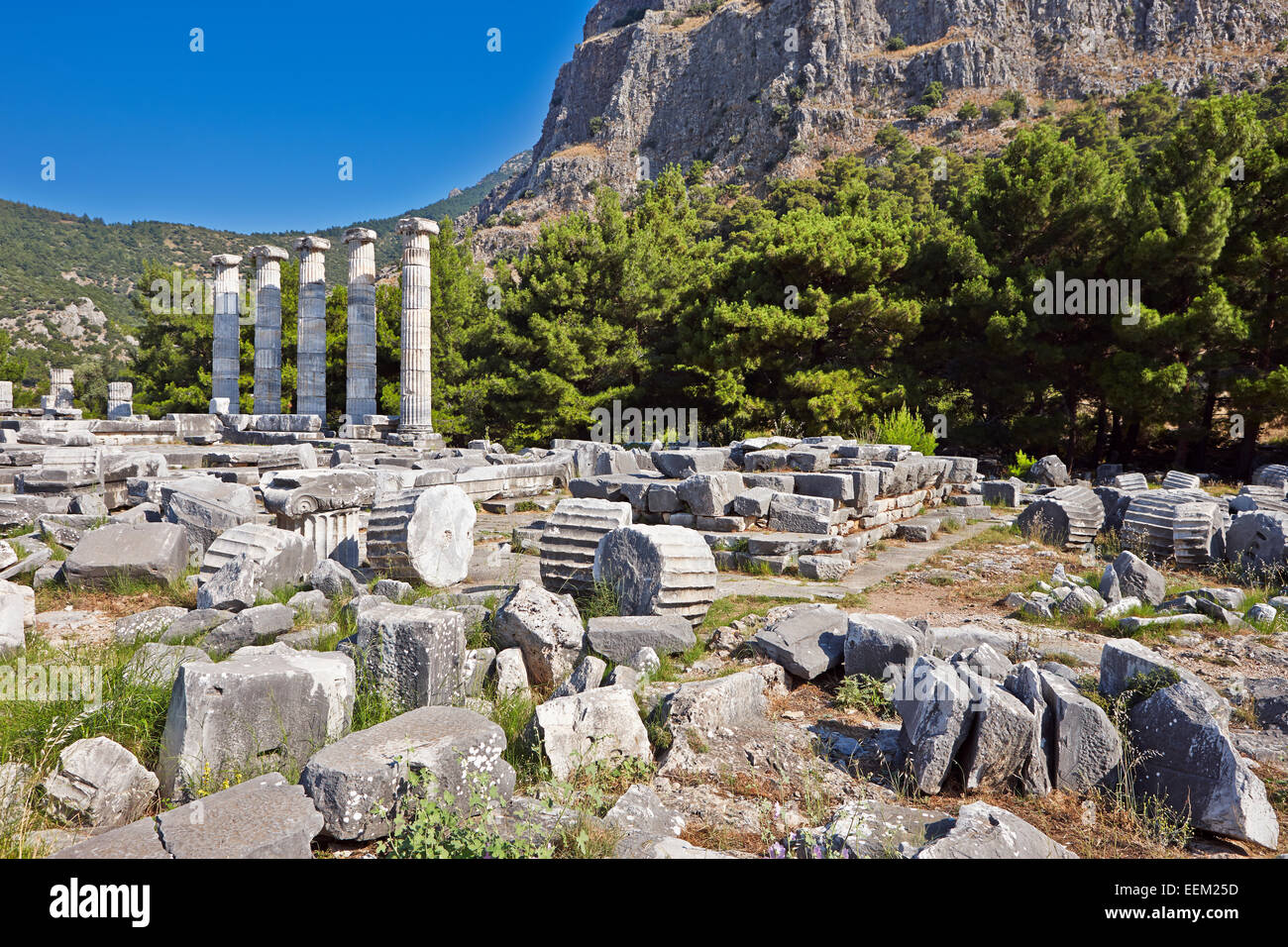 Ruins of the Temple of Athena in the ancient city of Priene. Aydin ...