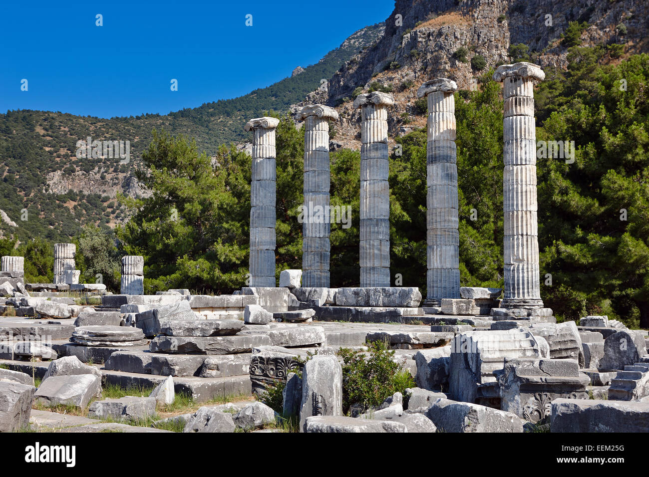 Ruins of the Temple of Athena in the ancient city of Priene. Aydin ...