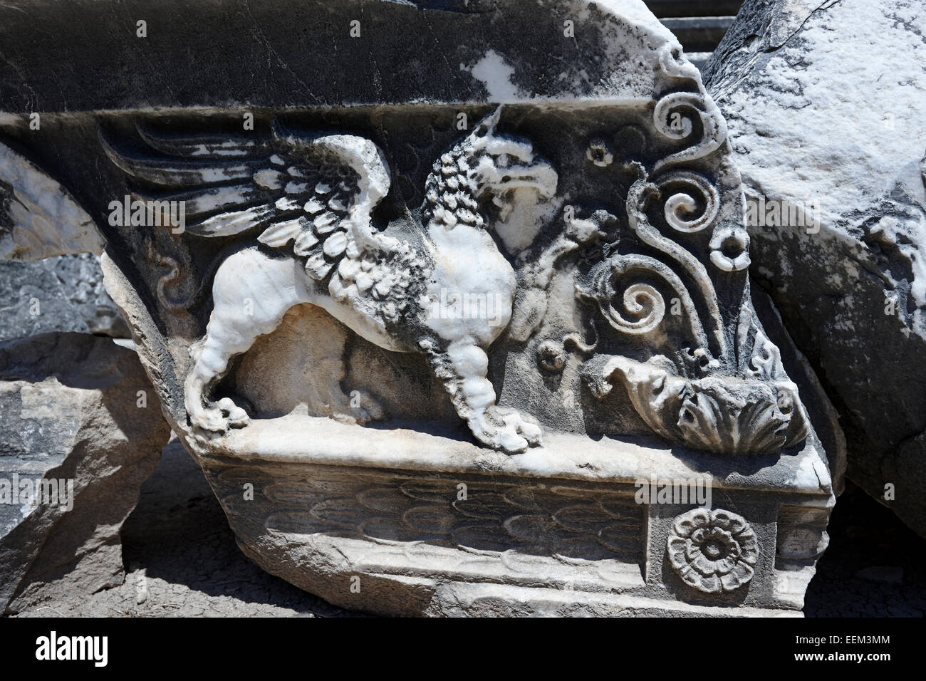 Gryphon bas-relief in the Temple of Apollo. Didim, Aydin Province ...