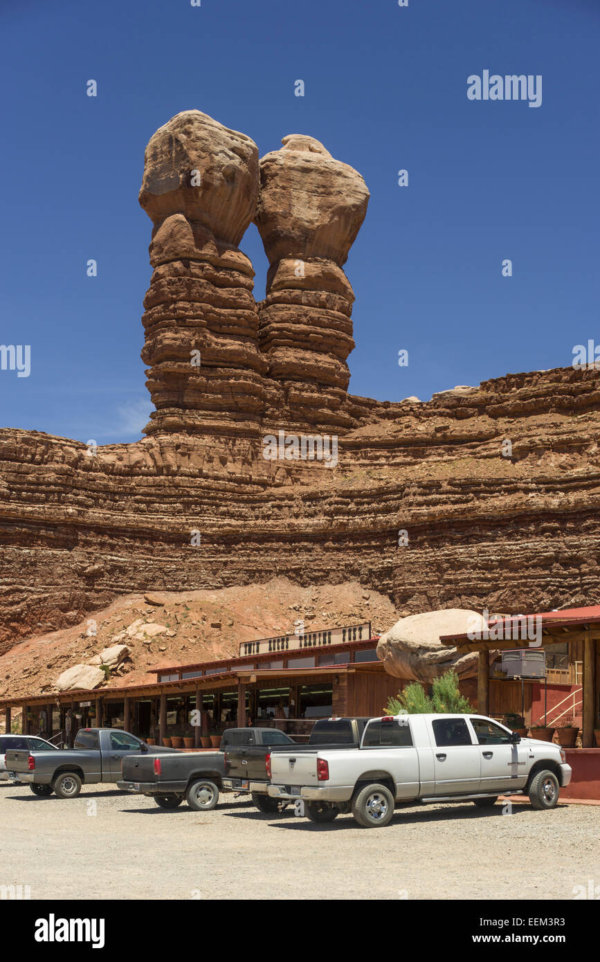 Rock formation Twin Rocks and cafe, Bluff, Utah, United States Stock ...