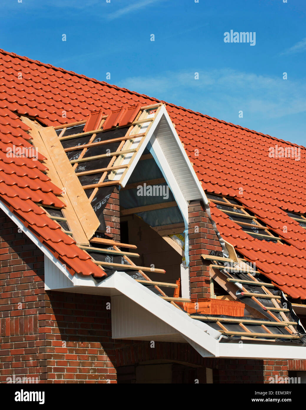 Roofing a newly built house, Aurich, Lower Saxony, Germany Stock Photo ...