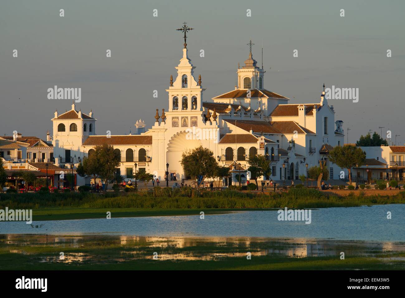 Hermitage of El Rocío in the lagoon of the Doñana National Park, El ...