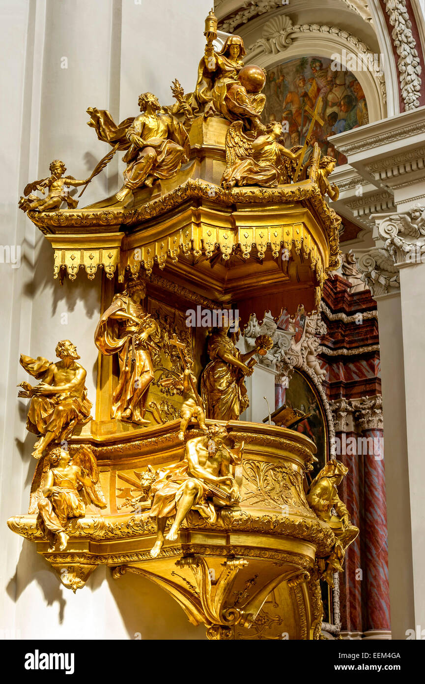 Gilded pulpit in the nave, baroque St. Stephen's Cathedral, Passau ...