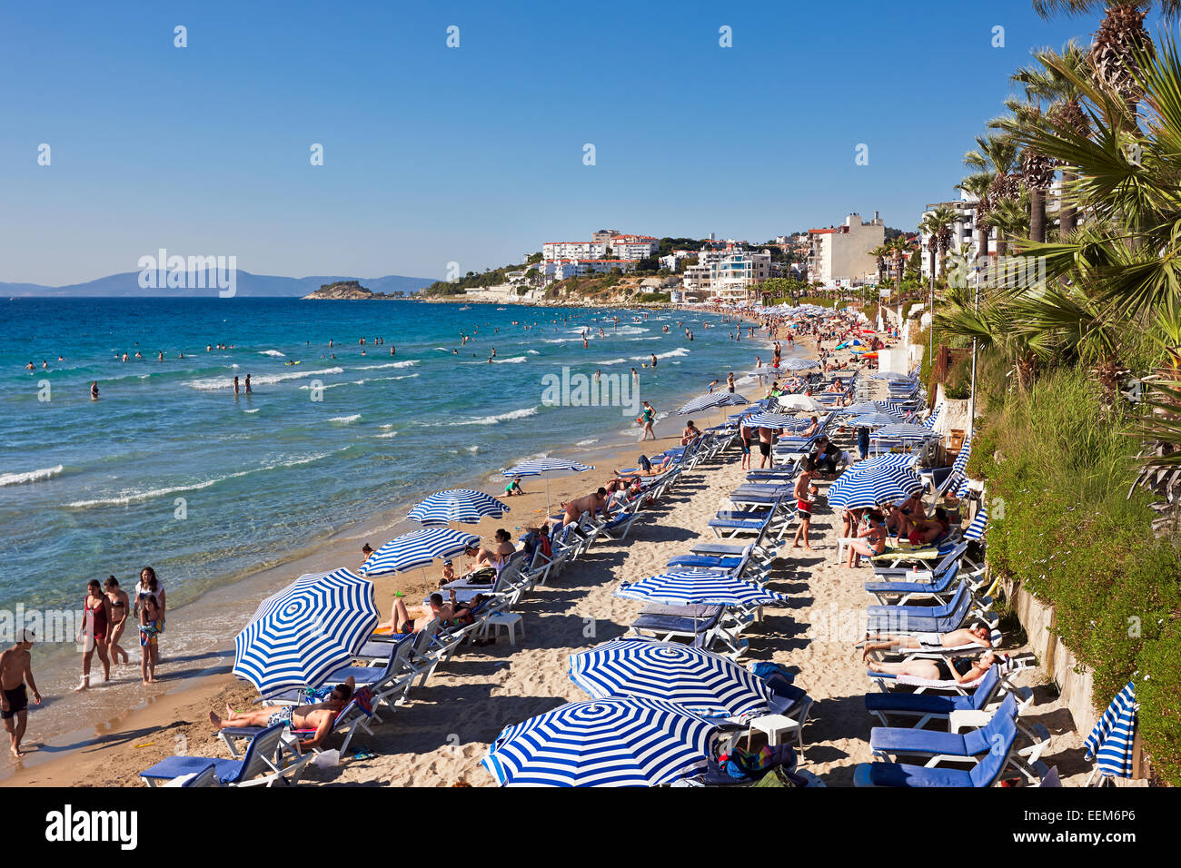 People sunbathing on the Ladies Beach. Kusadasi, Aydin Province, Turkey ...