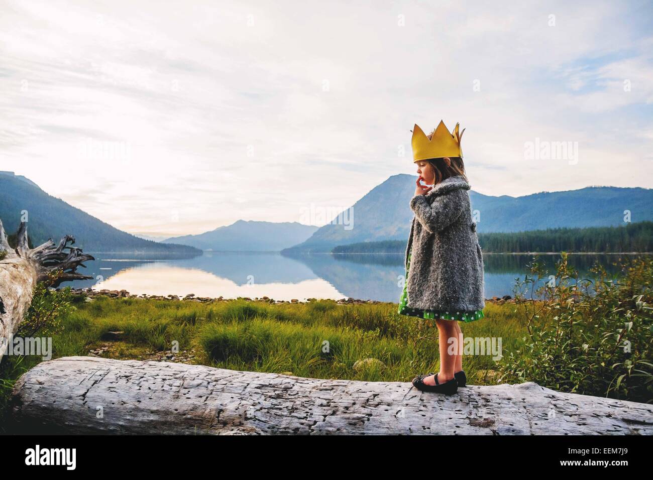 Girl standing on a log wearing a crown Stock Photo - Alamy