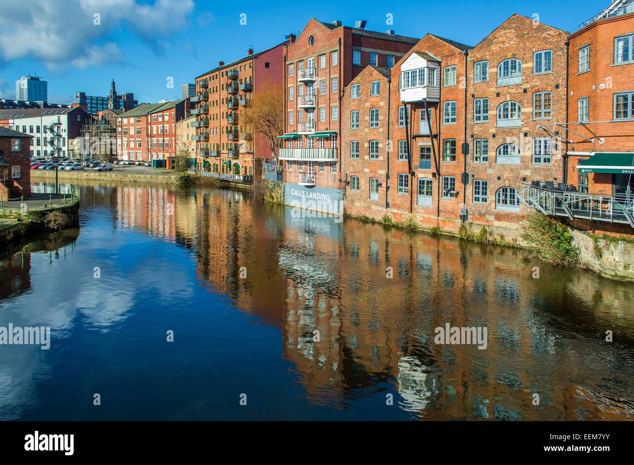 Waterfront buildings along Aire river, Leeds, Yorkshire, England ...