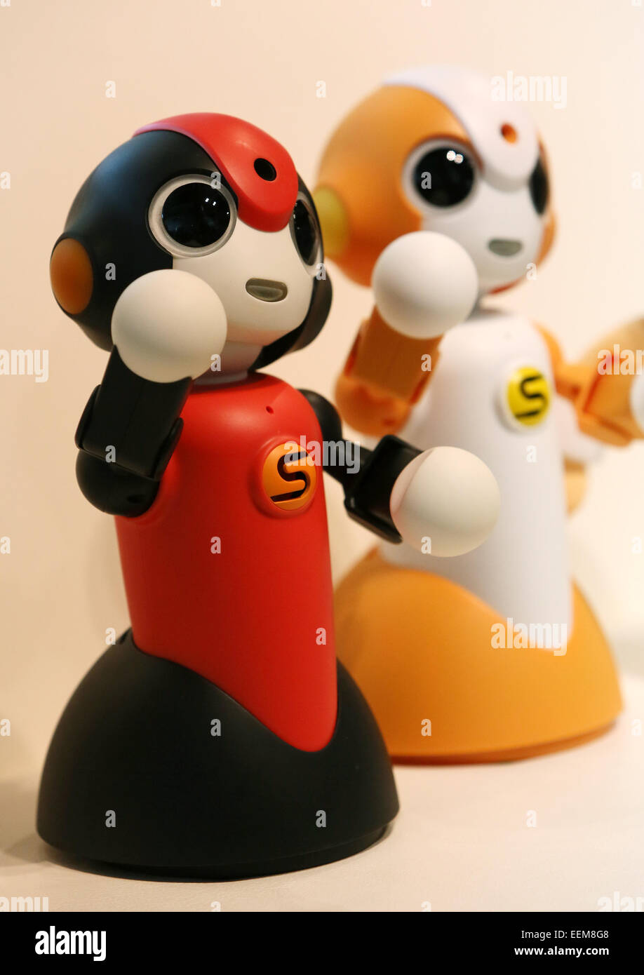 Tokyo, Japan. 20th Jan, 2015. Talking robots "Sota" are introduced to ...