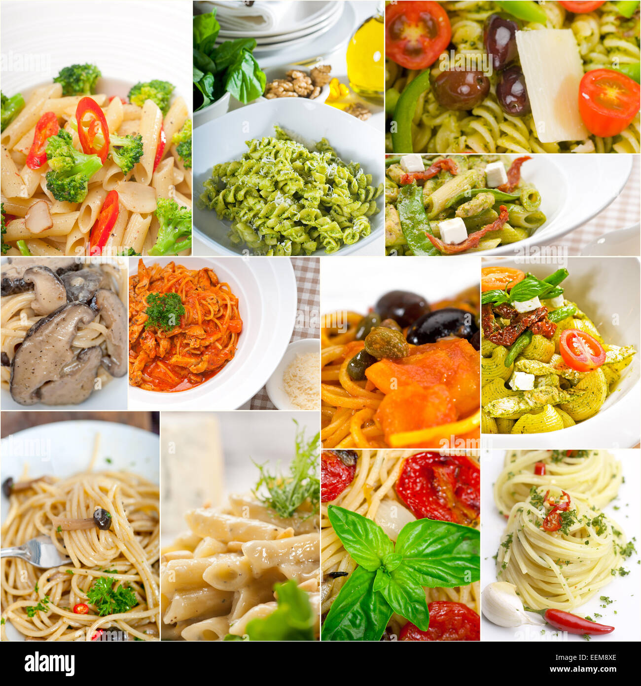 collection of different type of Italian pasta on collage white frame ...
