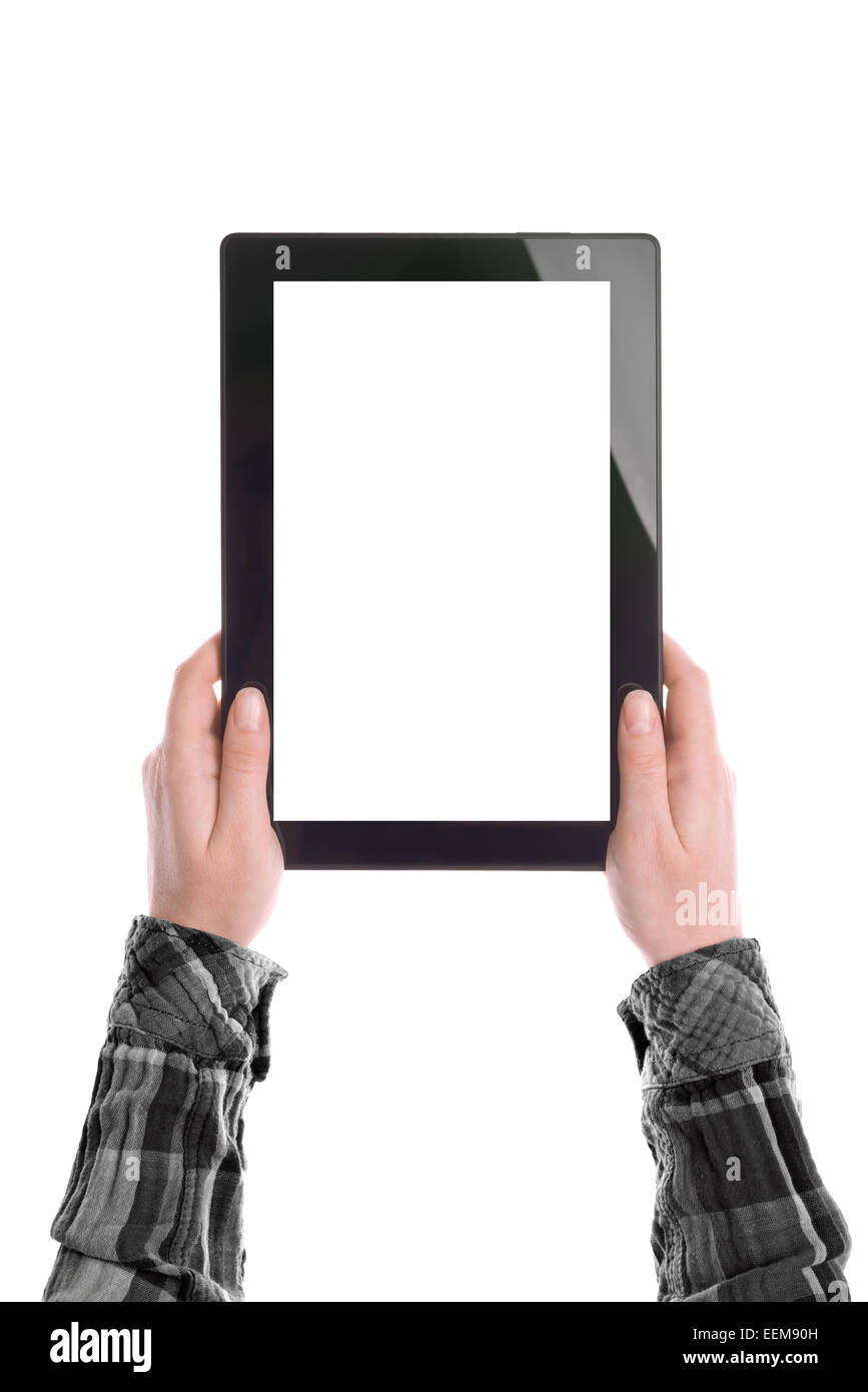 Hands holding Digital Tablet Computer in Vertical Position with Blank ...