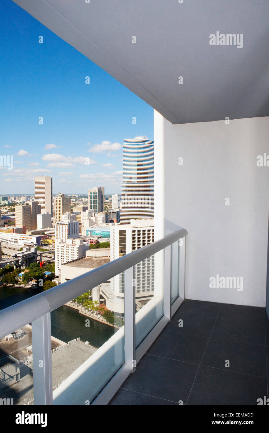 Balcony overlooking high rises in urban cityscape, Miami, Florida ...
