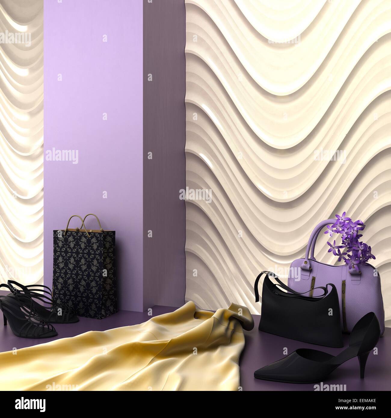 Fashion store showcase render with shoes, bags and dress Stock Photo ...